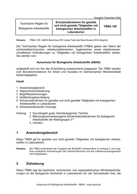 TRBA 100 "Schutzmaßnahmen für gezielte und nicht gezielte ...
