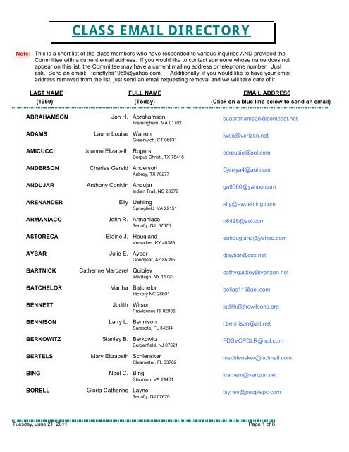 Classmate Directory - Tenafly High School - Class of '59