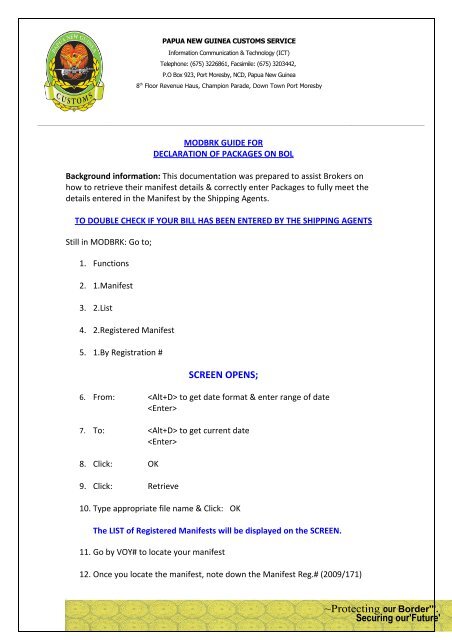 MODBRK Guide for Declaration of Packages - PNG Customs Service