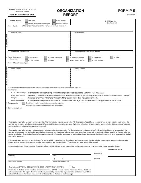 Form P-5 Organization Report - The Railroad Commission of Texas