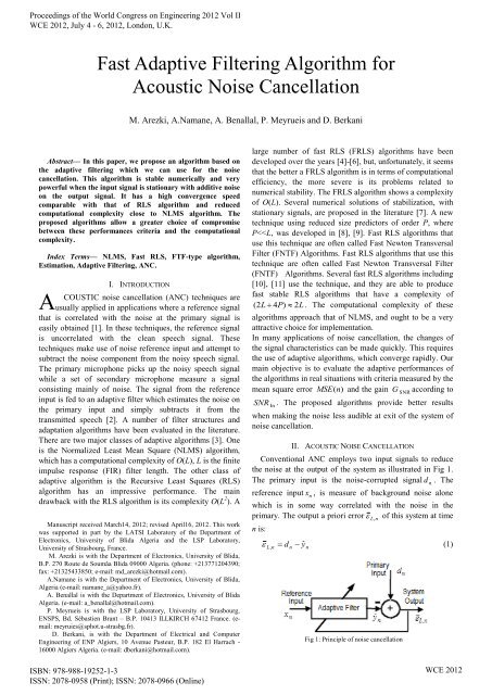 Fast Adaptive Filtering Algorithm for Acoustic Noise Cancellation