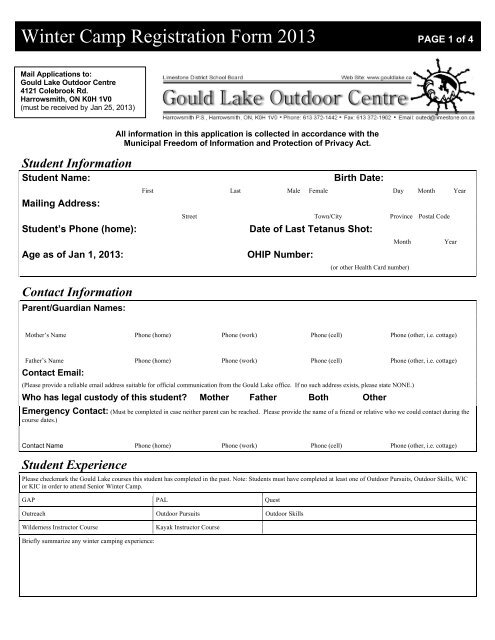 Winter Camp Registration Form 2013 - Gould Lake Outdoor Centre ...