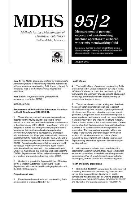 MDHS 95/2 Measurement of personal exposure of ... - HSE