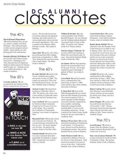 DC Alumni Class Notes - Defiance College