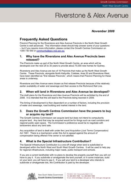 Alex Avenue and Riverstone FAQs - Sydney's Growth Centres