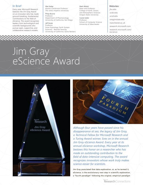 Jim Gray eScience Award Datasheet - Microsoft Research