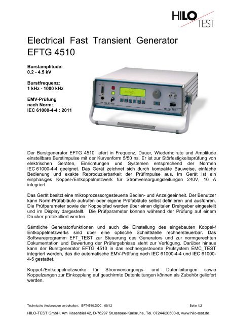 Electrical Fast Transient Generator EFTG 4510 - Hilo-Test