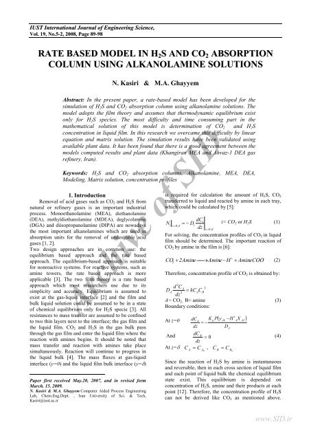 RATE BASED MODEL IN H 2S AND CO 2 ABSORPTION COLUMN ...