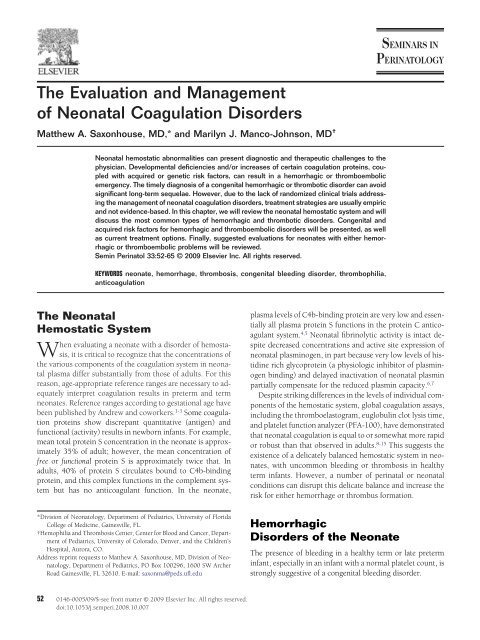 The Evaluation and Management of Neonatal Coagulation Disorders
