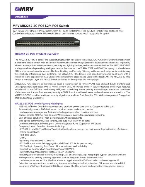 MRV MR2252-2C-POE L2/4 POE Switch - MRV Communications