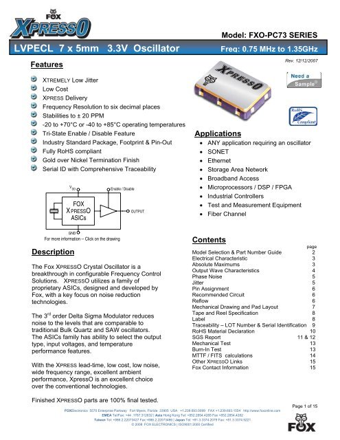 LVPECL 7 x 5mm 3.3V Oscillator - Fox Electronics