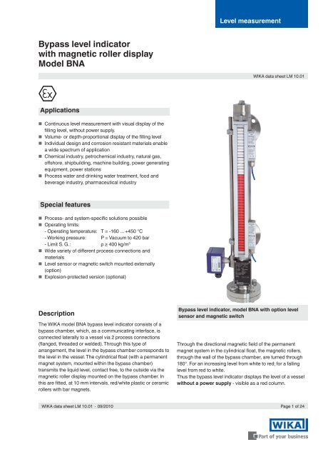 Bypass level indicator with magnetic roller display Model BNA