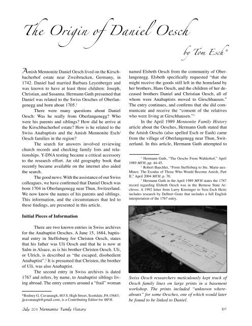 The Origin of Daniel Oesch - oesch-history.ch