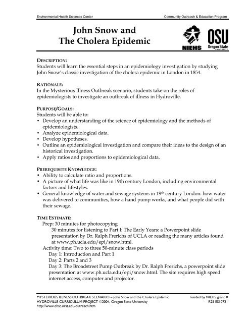 John Snow and The Cholera Epidemic - Environmental Health ...