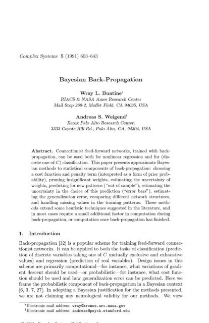 Bayesian Back-Propagation - Complex Systems