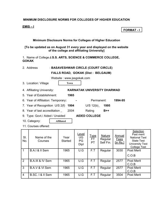 I Minimum Disclosure Norms for Colleges of Higher