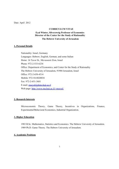 CURRICULUM VITAE Eyal Winter, Silverzweig Professor - Einstein ...