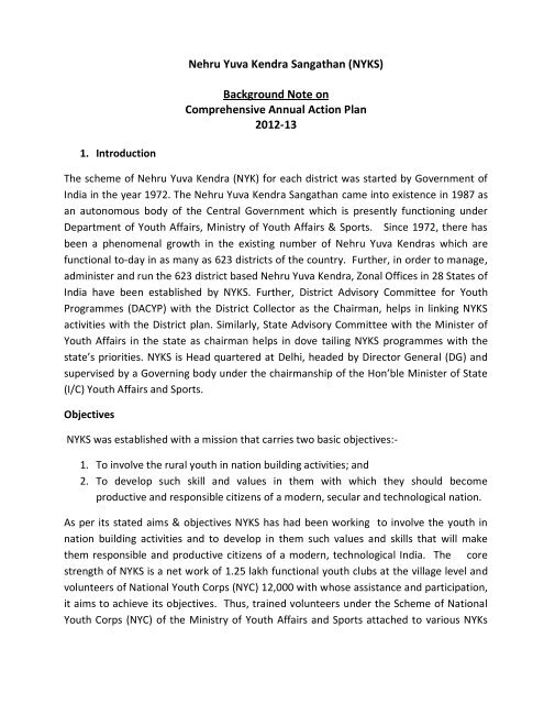 Nehru Yuva Kendra Sangathan (NYKS) Background Note on ...