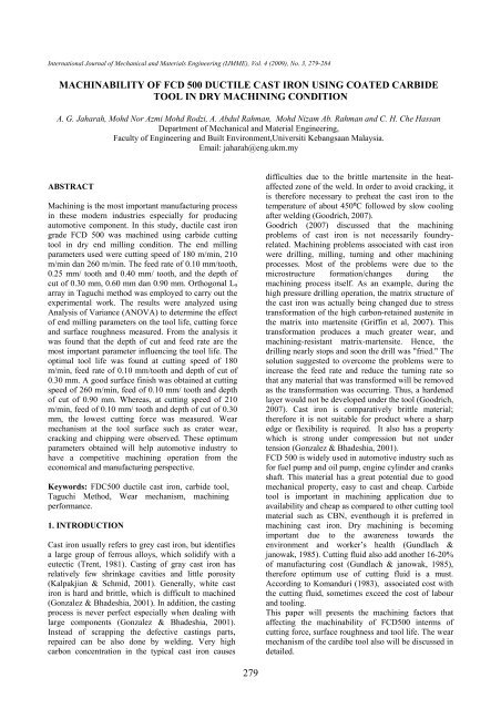 MACHINABILITY OF FCD 500 DUCTILE CAST IRON USING ... - EJUM