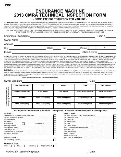 CMRA Contingency / Tech Form - Endurance