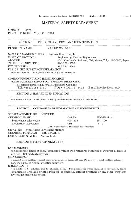 MATERIAL SAFETY DATA SHEET - Idemitsu Chemicals