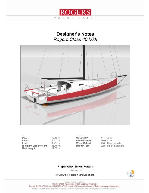 Designer's Notes Rogers Class 40 MkII - Rogers Yacht Design