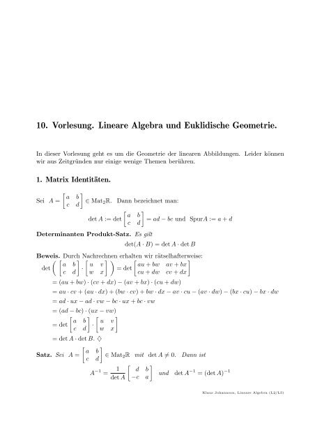10. Vorlesung. Lineare Algebra und Euklidische Geometrie. 10. Vorlesung. Lineare Algebra und Euklidische Geometrie.