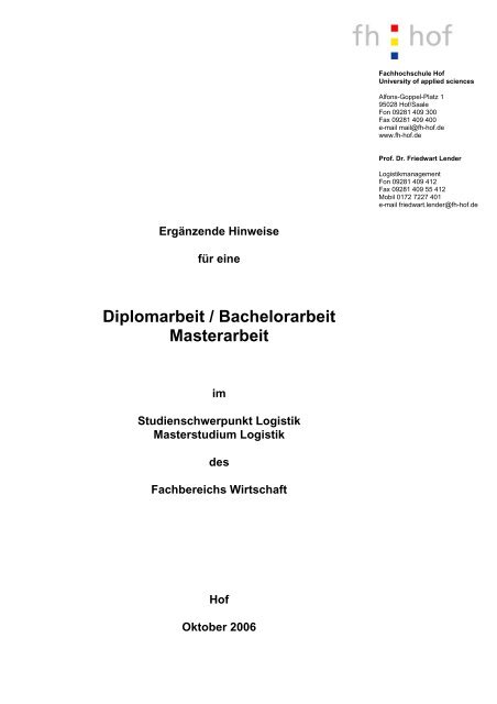 Diplomarbeit / Bachelorarbeit Masterarbeit - Fachhochschule Hof