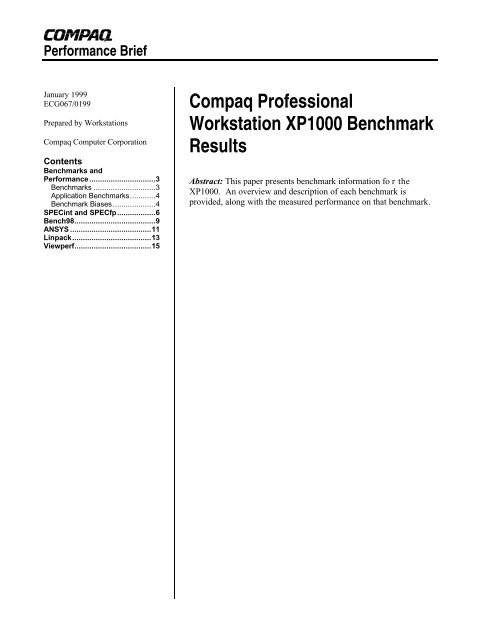 Compaq Professional Workstation XP1000 Benchmark Results - HP