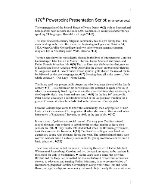 170th Powerpoint Presentation Script - School Sisters of Notre Dame