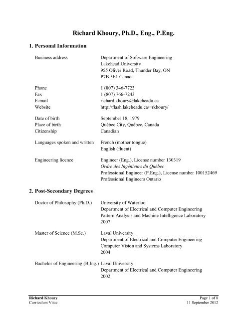 Richard Khoury, Ph.D., Eng., P.Eng. - Lakehead University
