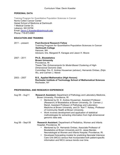 Curriculum Vitae: Devin Koestler PERSONAL DATA Training ...