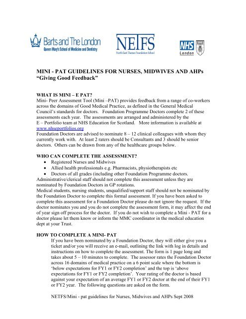 MINI - PAT GUIDELINES FOR NURSES, MIDWIVES AND AHPs - netfs