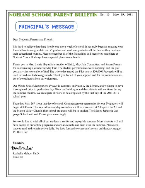 PRINCIPAL'S MESSAGE - Noelani Elementary School