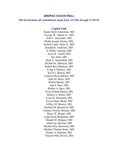 UROPAC HONOR ROLL This list includes all contributions made ...