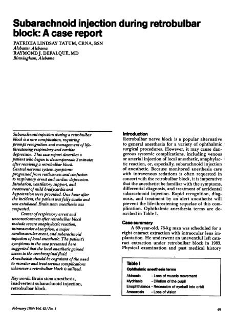 Subarachnoid injection during retrobulbar block - American ...