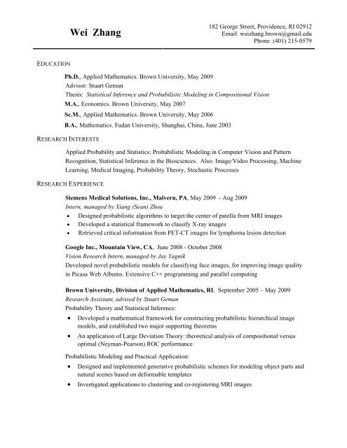 Wei Zhang - Applied Mathematics - Brown University