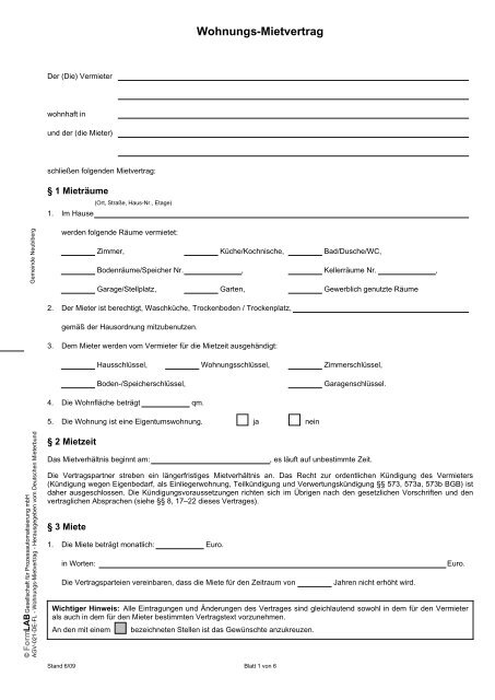 Wohnungs-Mietvertrag (Herausgegeben vom Deutschen Mieterbund)