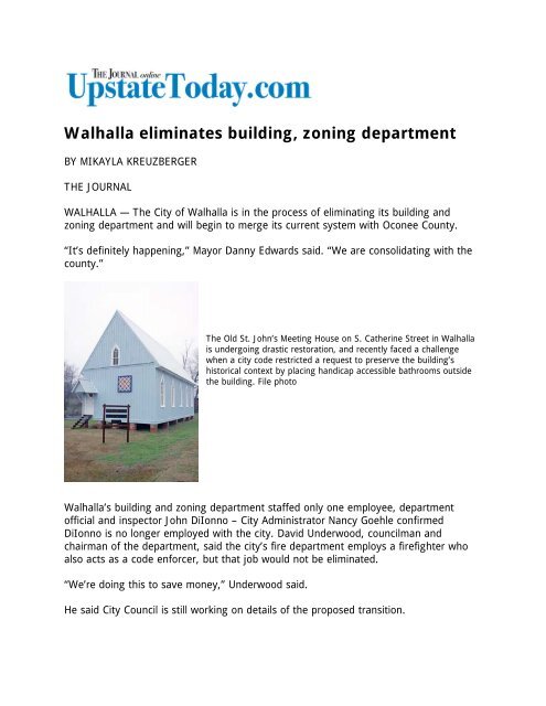 Walhalla eliminates building, zoning department - Walhalla Partners ...