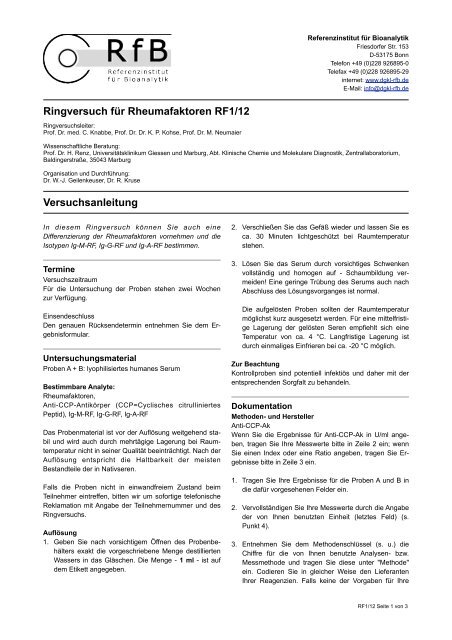 Ringversuch für Rheumafaktoren RF1/12 Versuchsanleitung - des RfB