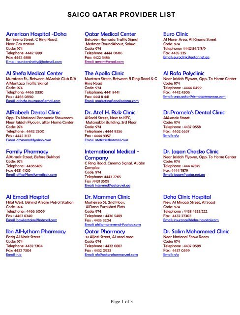 SAICO QATAR PROVIDER LIST