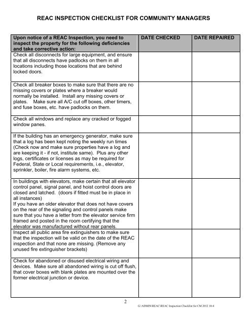 REAC INSPECTION CHECKLIST