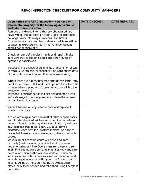 REAC INSPECTION CHECKLIST