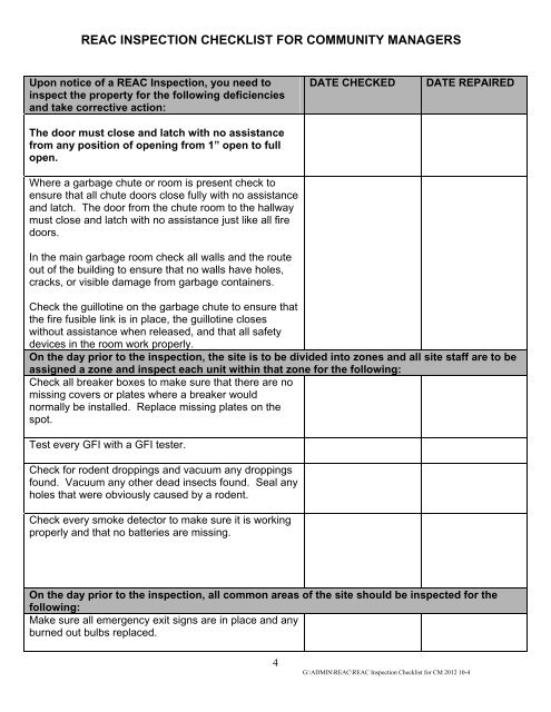 REAC INSPECTION CHECKLIST