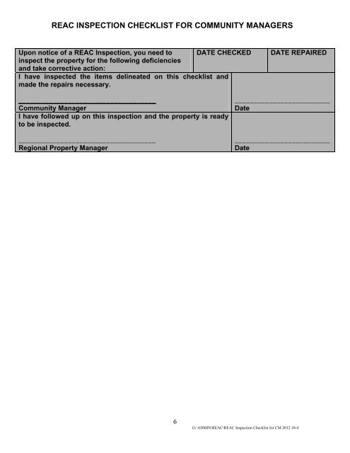 REAC INSPECTION CHECKLIST