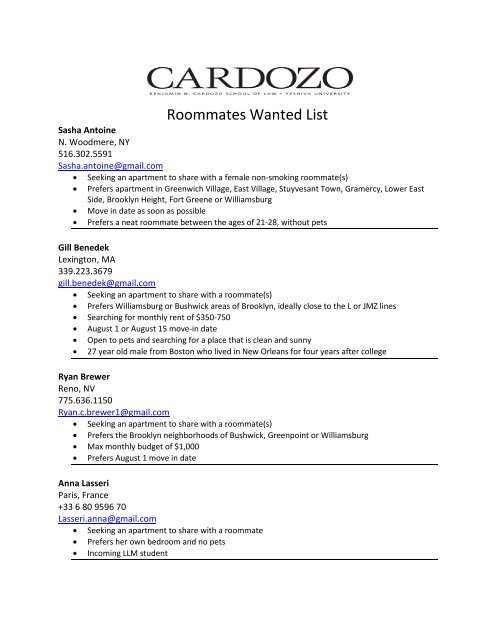 Roommates Wanted List