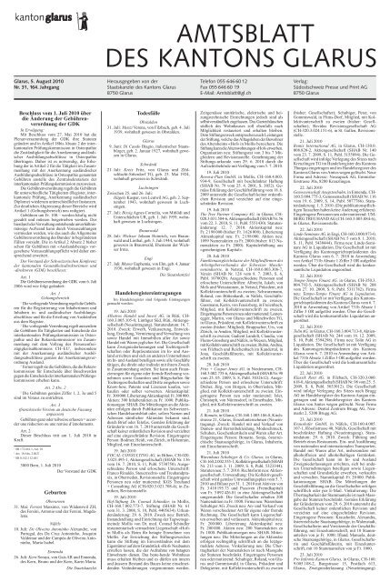Amtsblatt des Kantons Glarus, 5.8.2010 - Kanton Glarus