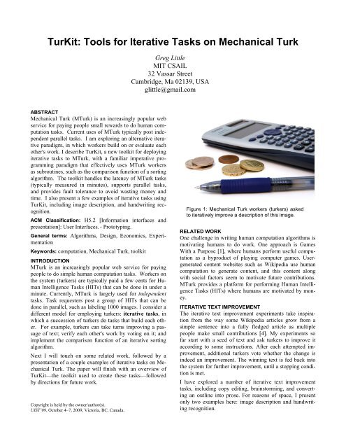 TurKit: Tools for Iterative Tasks on Mechanical Turk