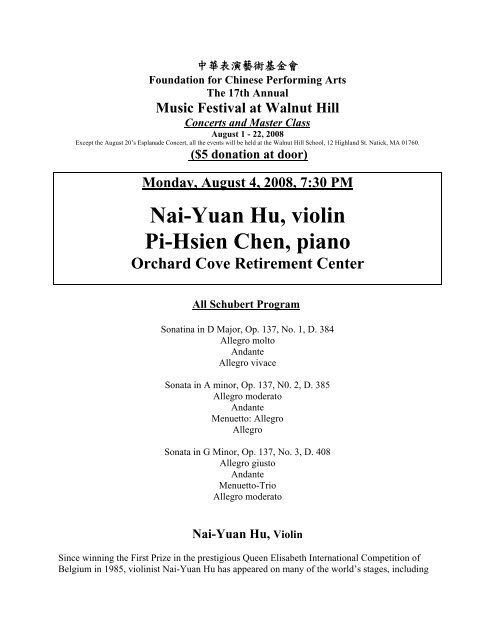 Nai-Yuan Hu, violin Pi-Hsien Chen, piano - Foundation for Chinese ...