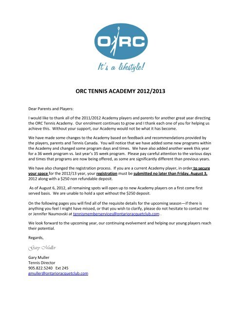 ORC TENNIS ACADEMY 2012/2013 - Ontario Racquet Club